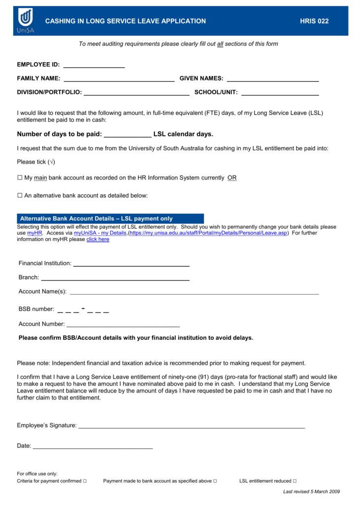 022 Cashing In Long Service Leave Application 022 Cashing In Long Service Leave Application
