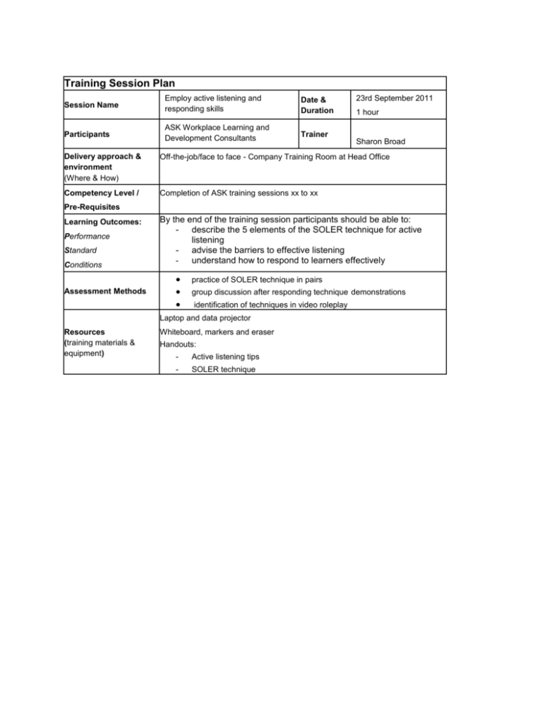Draft Training Session Plan Sharon s E