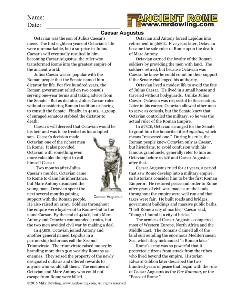 Caesar Augustus Worksheet: Roman History