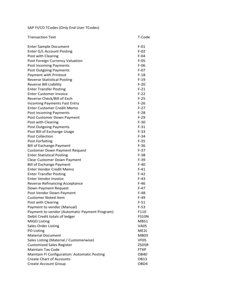 SAP FI CO TCodes Only End User TCodes Transaction Text T