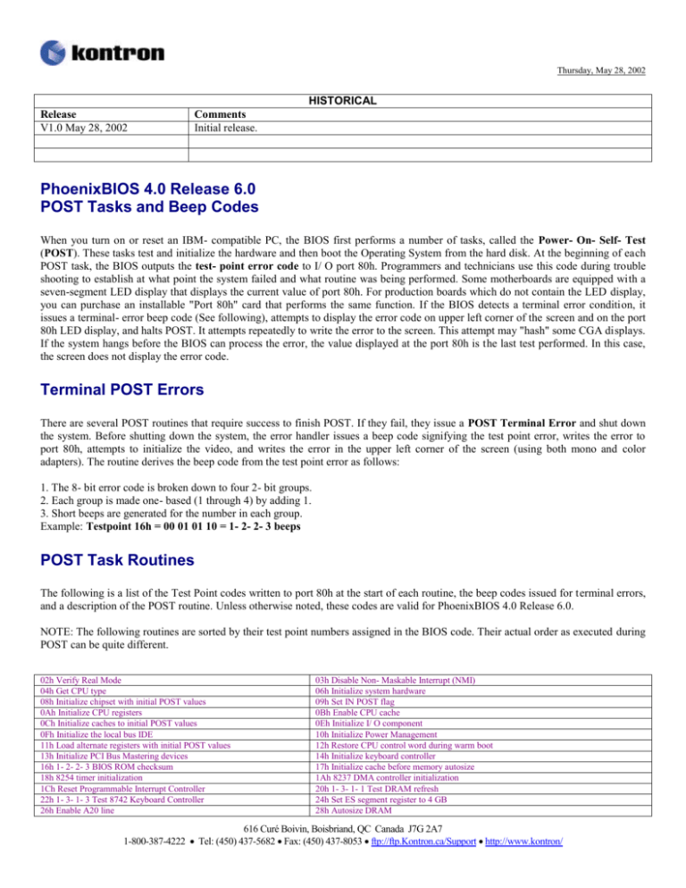 BIOS Phoenix BIOS Post Code V1 0