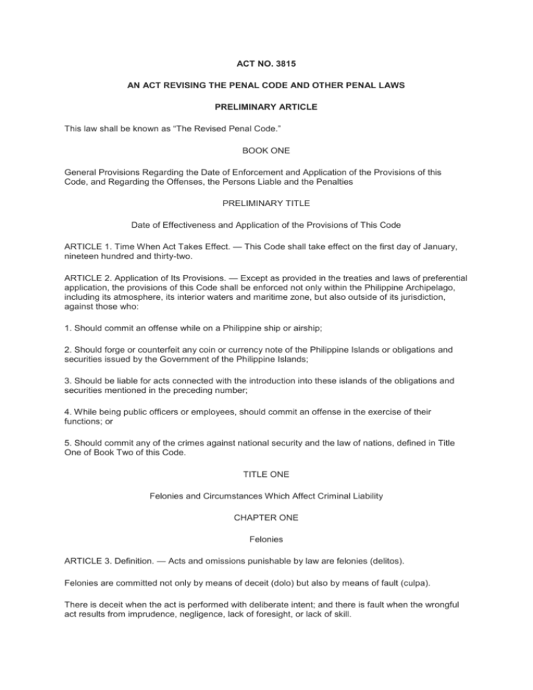 ACT NO 3815 AN ACT REVISING THE PENAL CODE AND OTHER ACT NO 3815 AN ACT REVISING THE PENAL CODE AND OTHER