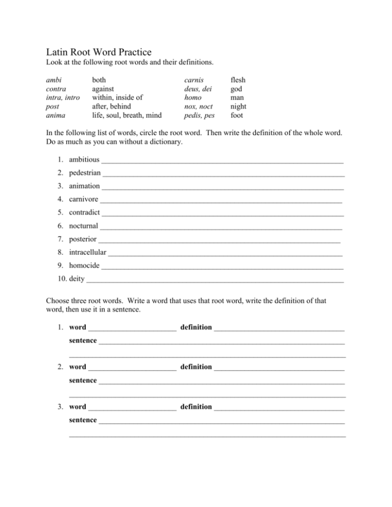 Latin Root Word Practice Latin Root Word Practice