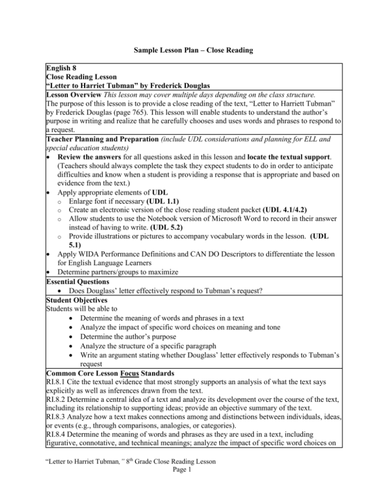 Sample Lesson Plan Close Reading English 8 Close Reading