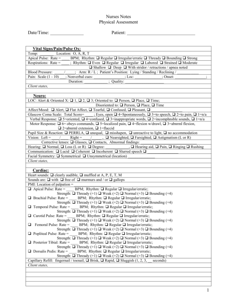 Physical Assessment Checklist Physical Assessment Checklist