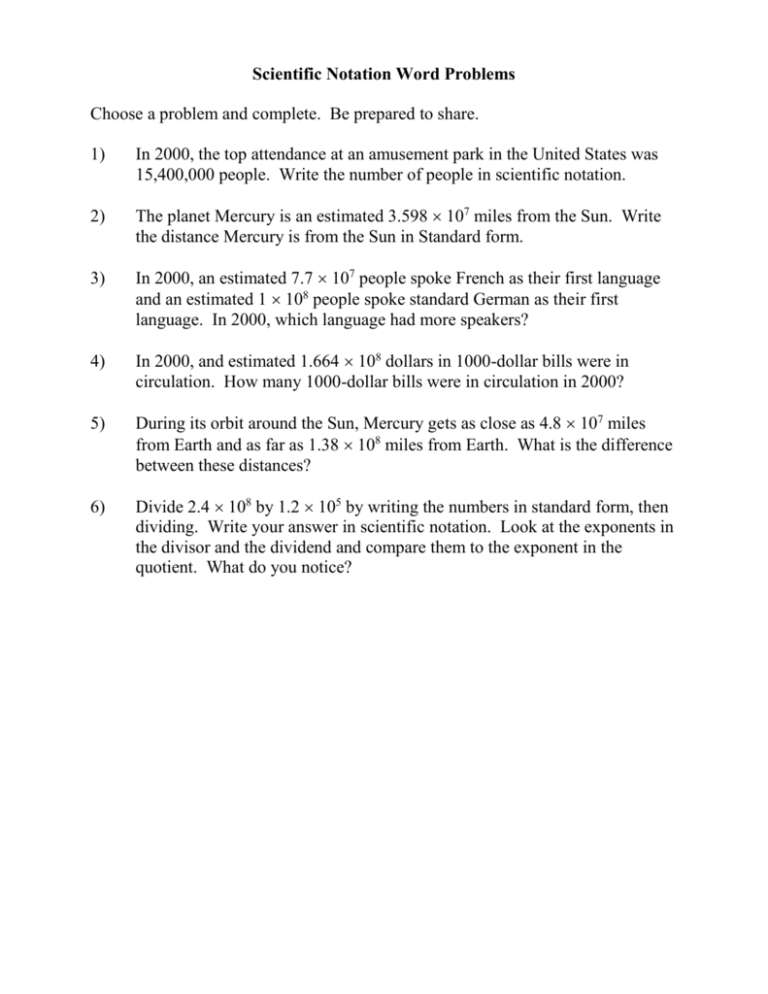 Scientific Notation Word Problems Worksheet