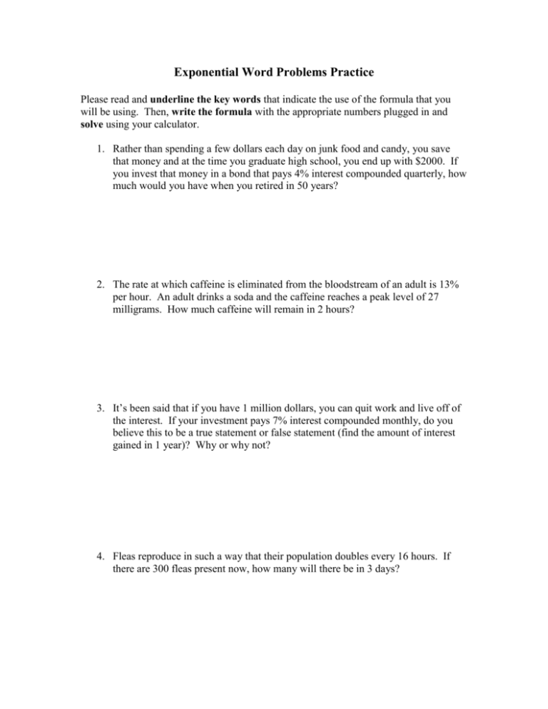 Exponential Word Problems Practice Exponential Word Problems Practice