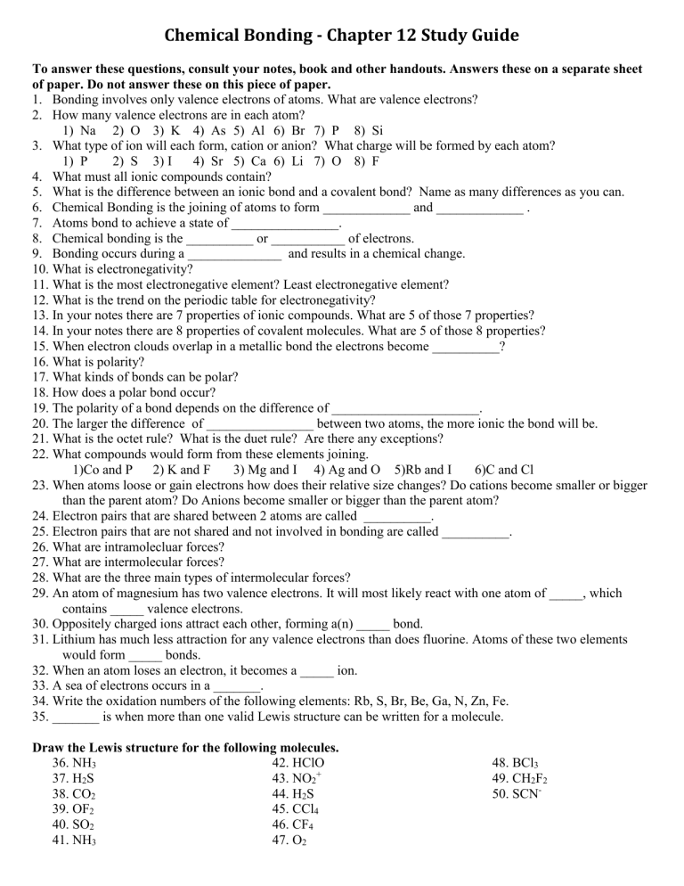 Chemical Bonding Chapter 12 Study Guide To Answer These Chemical Bonding Chapter 12 Study Guide To Answer These
