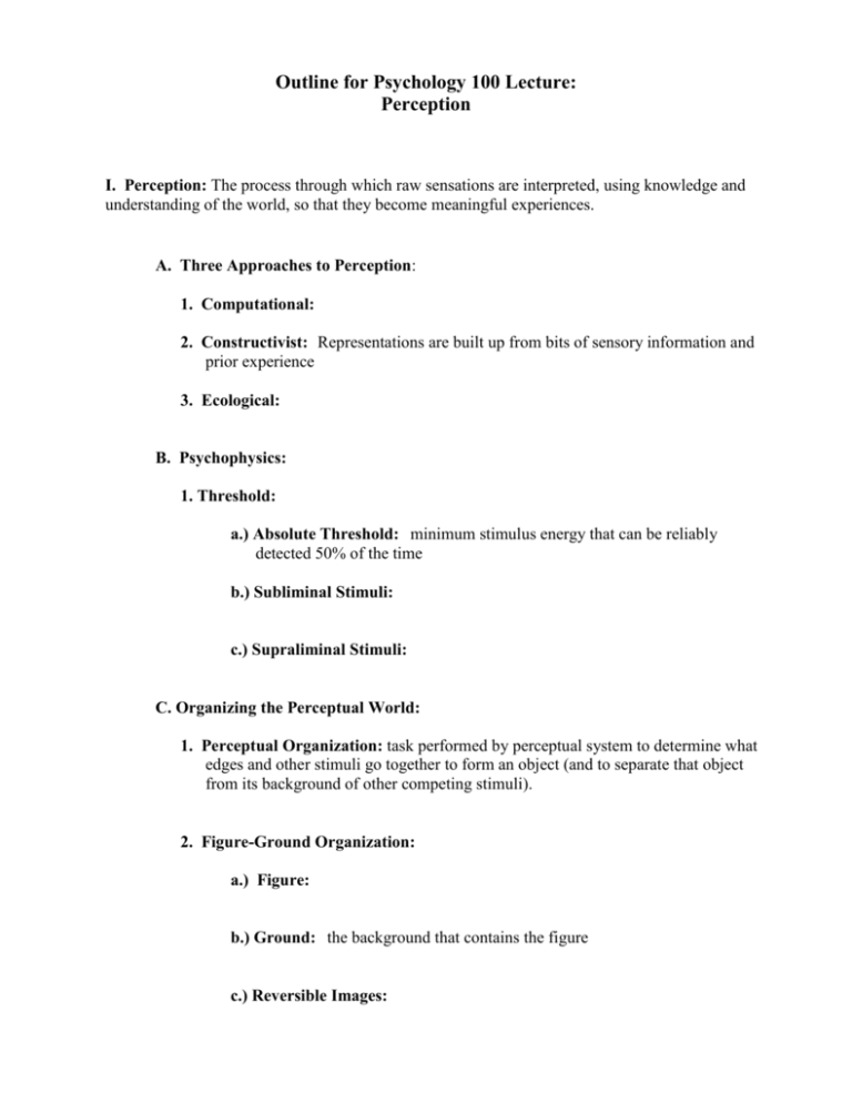 Outline For Psychology 100 Lecture Outline For Psychology 100 Lecture