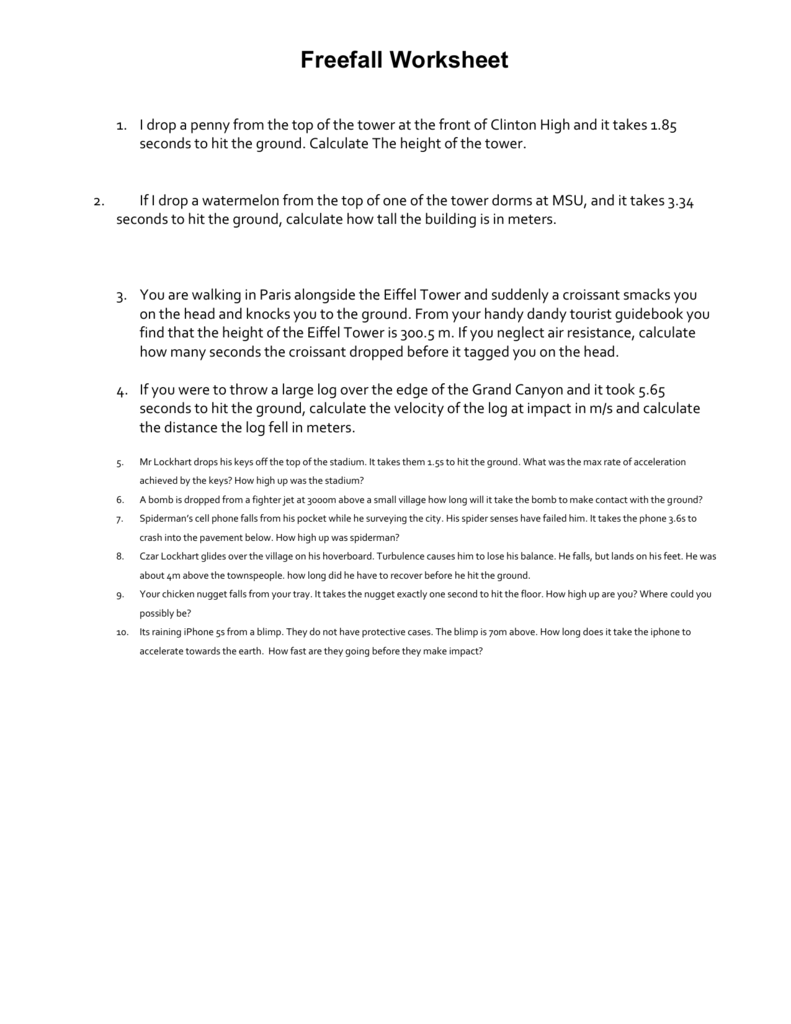 Freefall Worksheet Freefall Worksheet