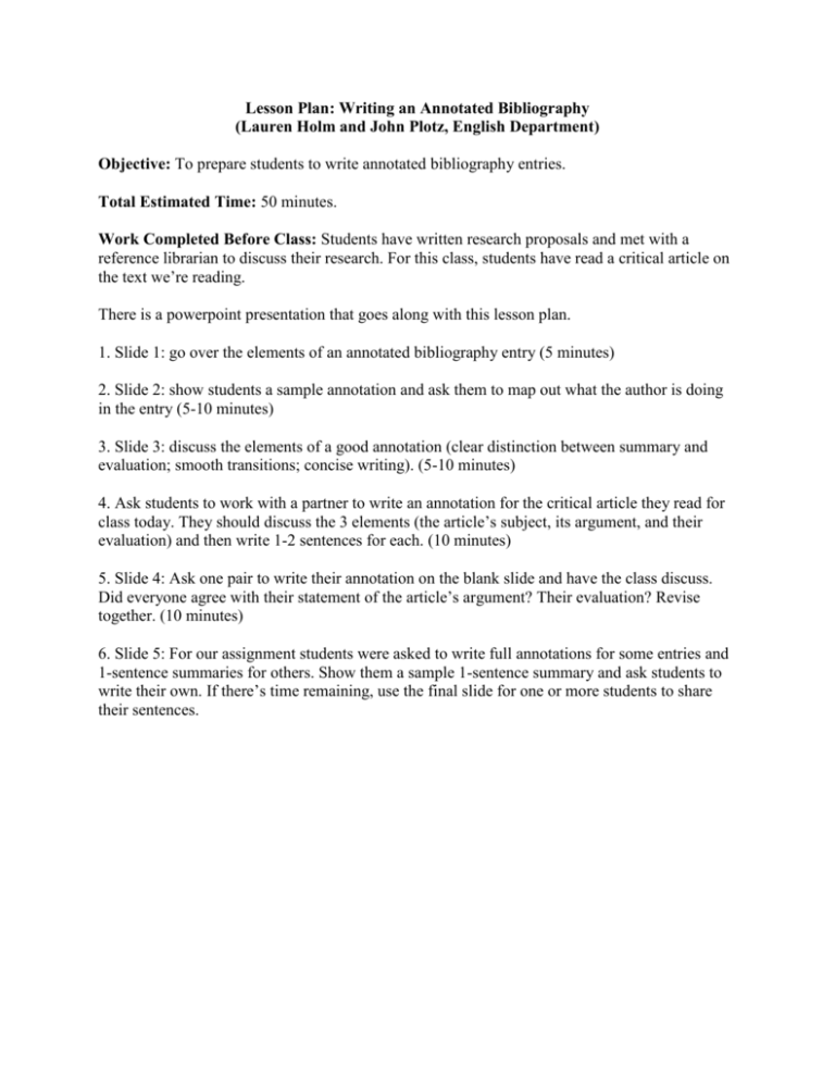 Lesson Plan Writing An Annotated Bibliography