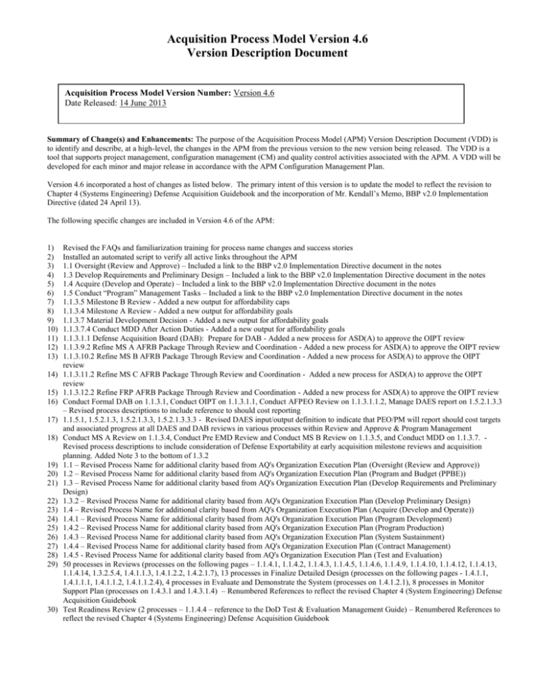 Acquisition Process Model Version 4 6 Version Description