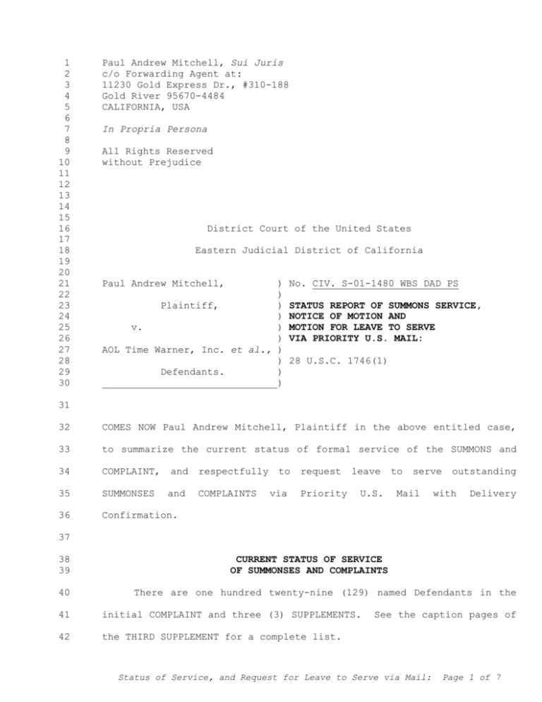 Motion For Leave To Serve Via U S Mail