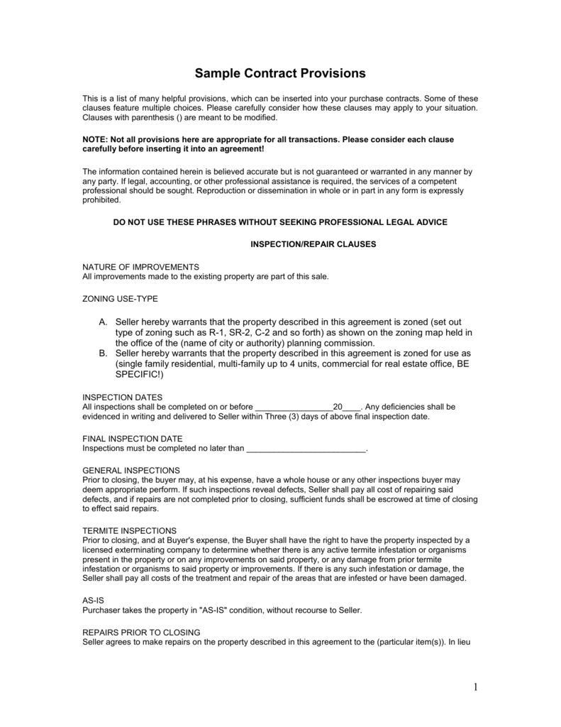 Sample Contract Provisions National Paralegal College