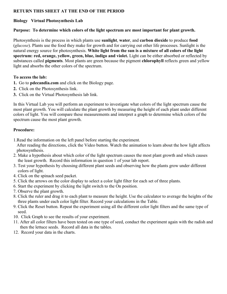 Photosynthesis Virtual Lab Report Photosynthesis Virtual Lab Report