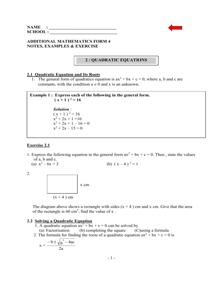 Quadratic Equation Add Math Form 4 Notes Tessshebaylo