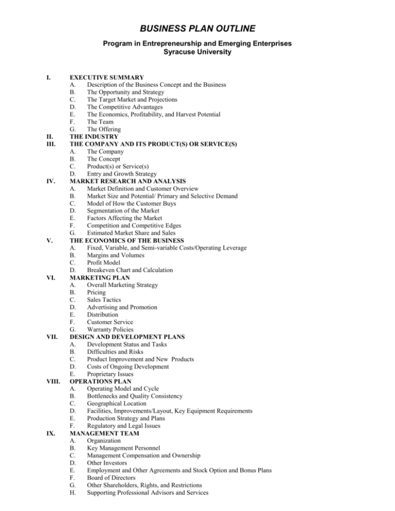 Outline Of A Business Plan Outline Of A Business Plan