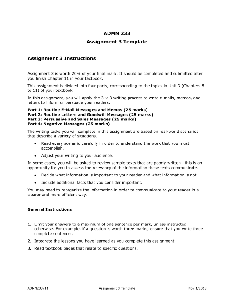 ADMN 233 Assignment 3 Template: Business Communication