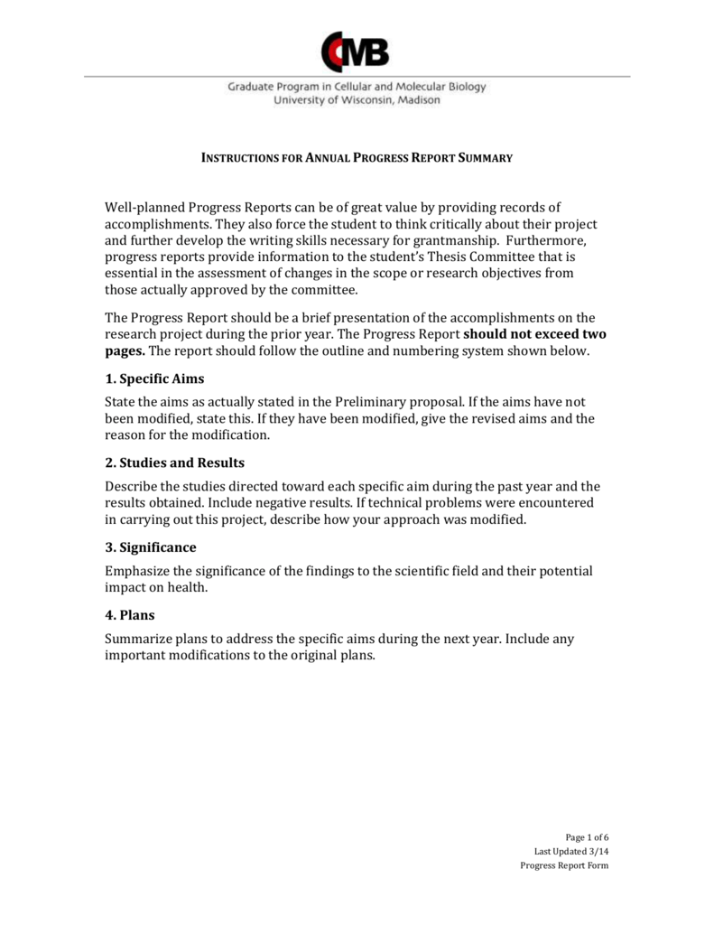 Instructions For Annual Progress Report Summary