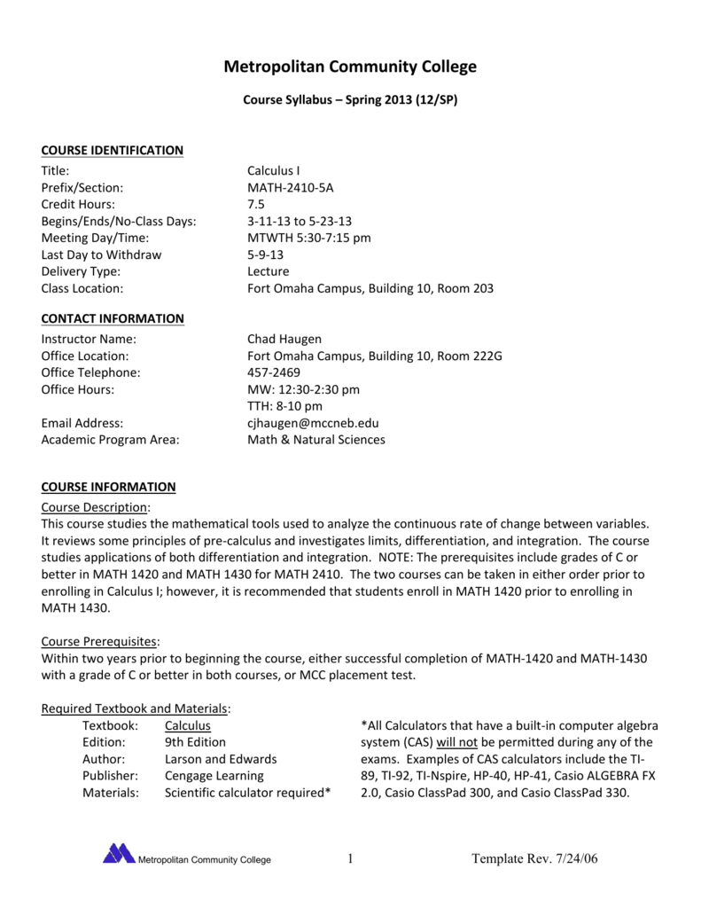Syllabus Template Metropolitan Community College