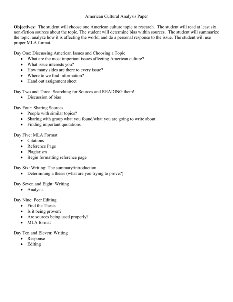 American Cultural Analysis Paper Assignment American Cultural Analysis Paper Assignment