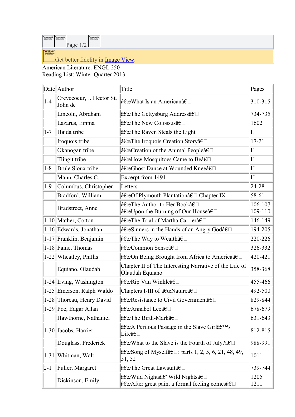 American Literature W13 Reading List