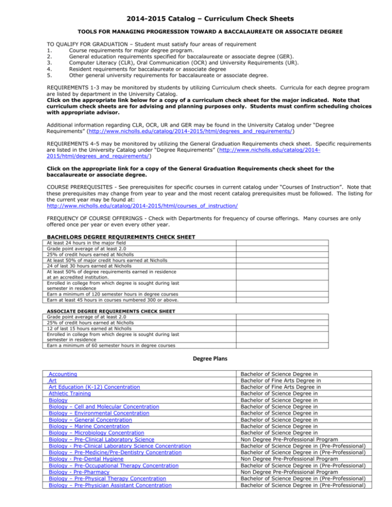 2014-2015 Catalog – Curriculum Check Sheets TOOLS FOR