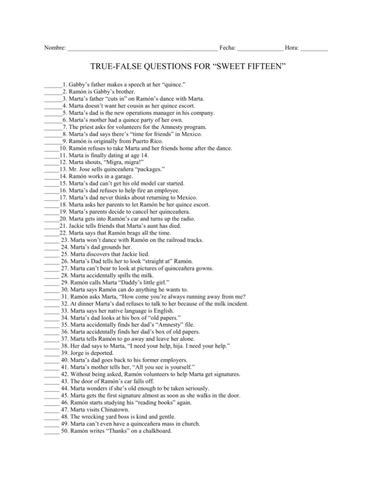 Sweet Fifteen (Quinceañera) Movie Worksheet