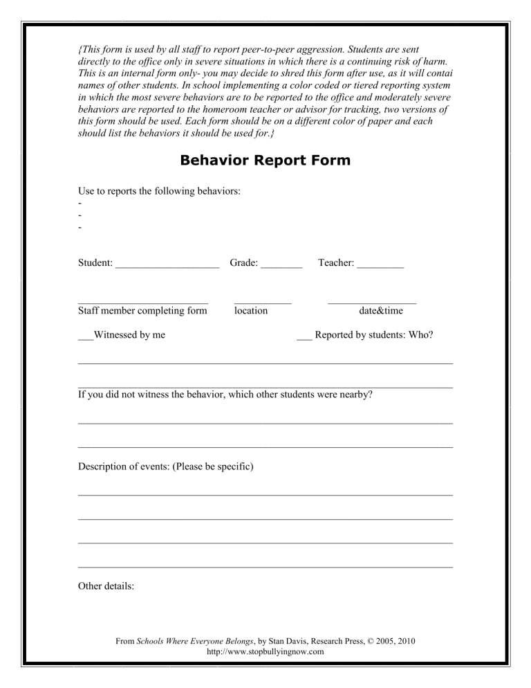Behavior Report Form