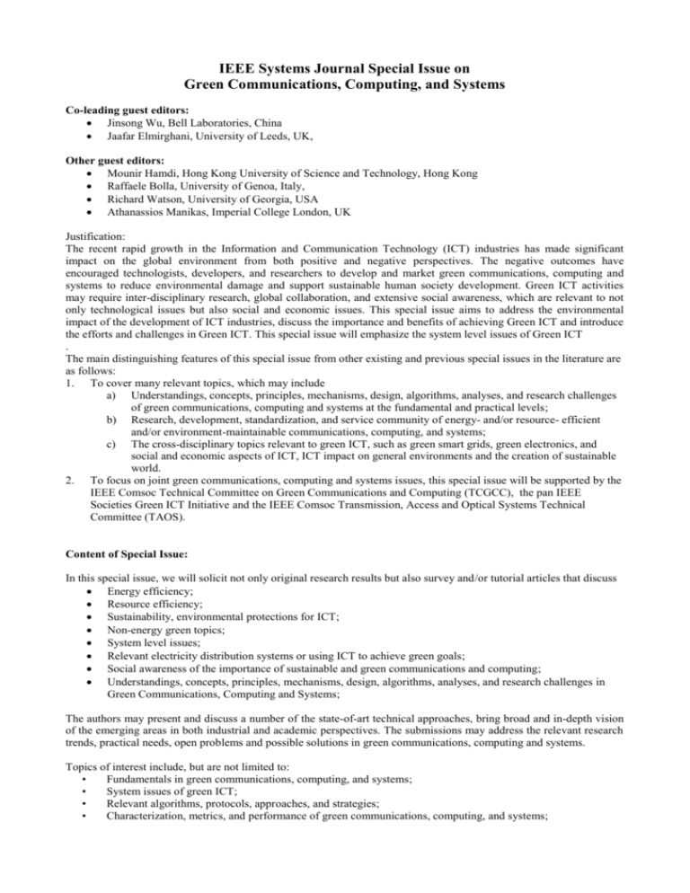 IEEE Systems Journal Special Issue on Green Communications