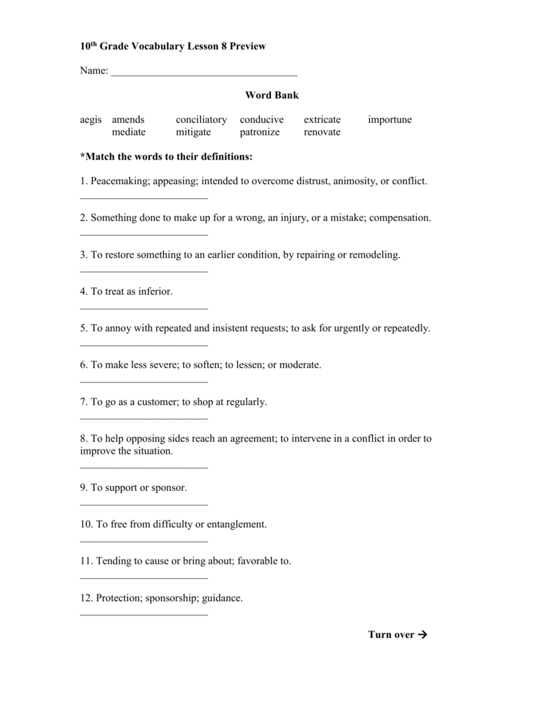 10th Grade Vocabulary Lesson 8