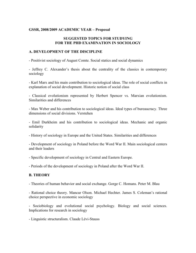 Suggested Topics Fof Studying For The PhD Examination In Sociology Suggested Topics Fof Studying For The PhD Examination In Sociology