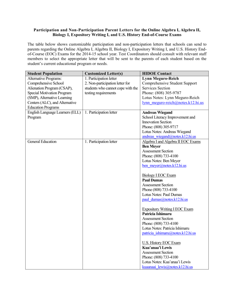 Participation and Non-Participation Parent Letters for the Online