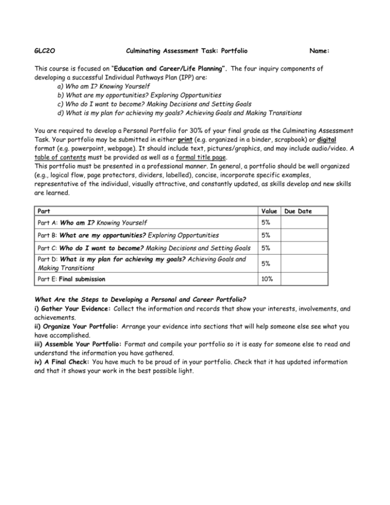 GLC2O Career Portfolio Assignment: Planning Your Future