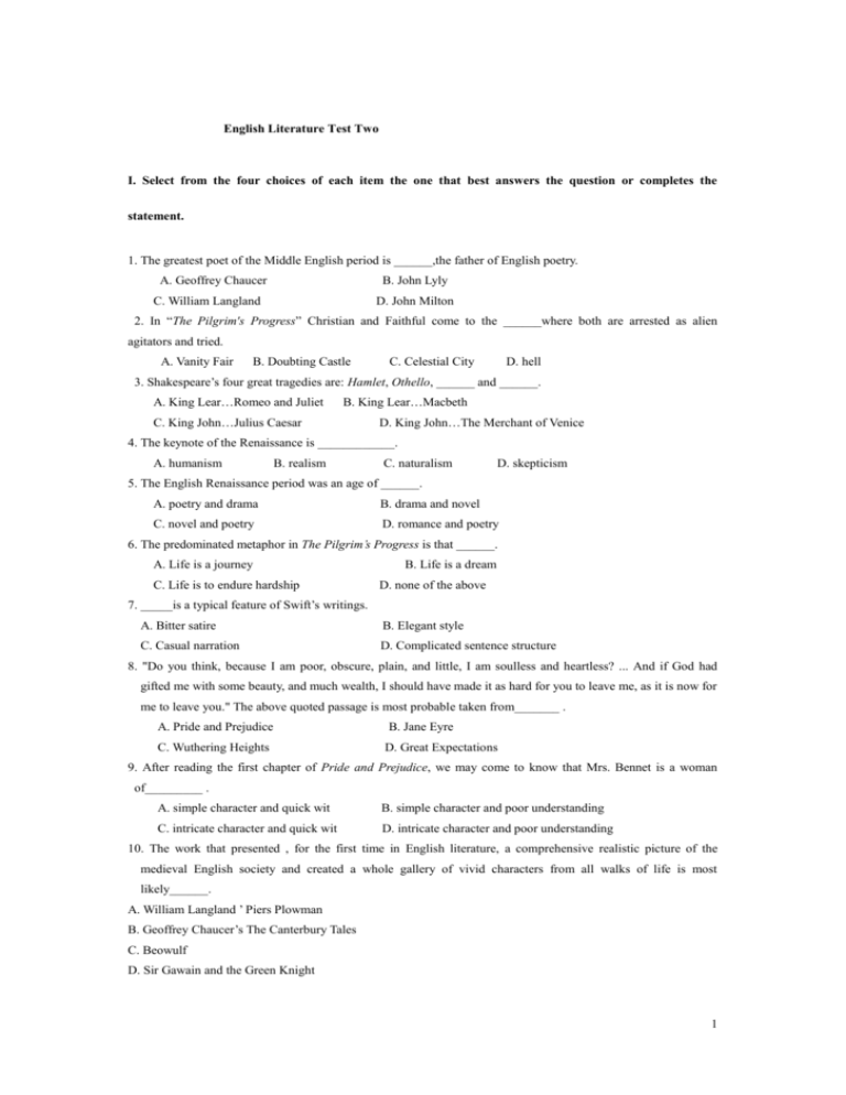 English Literature Test Two English Literature Test Two