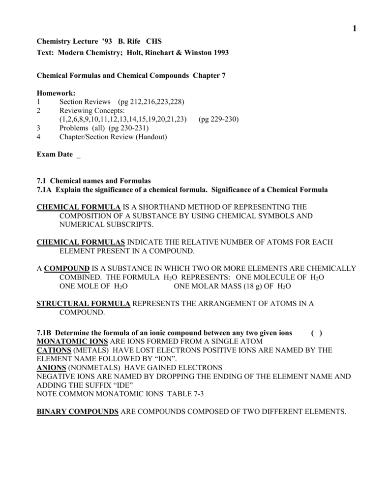 11 Chapter 7 Review Chemical Formulas And Chemical Compounds Answer