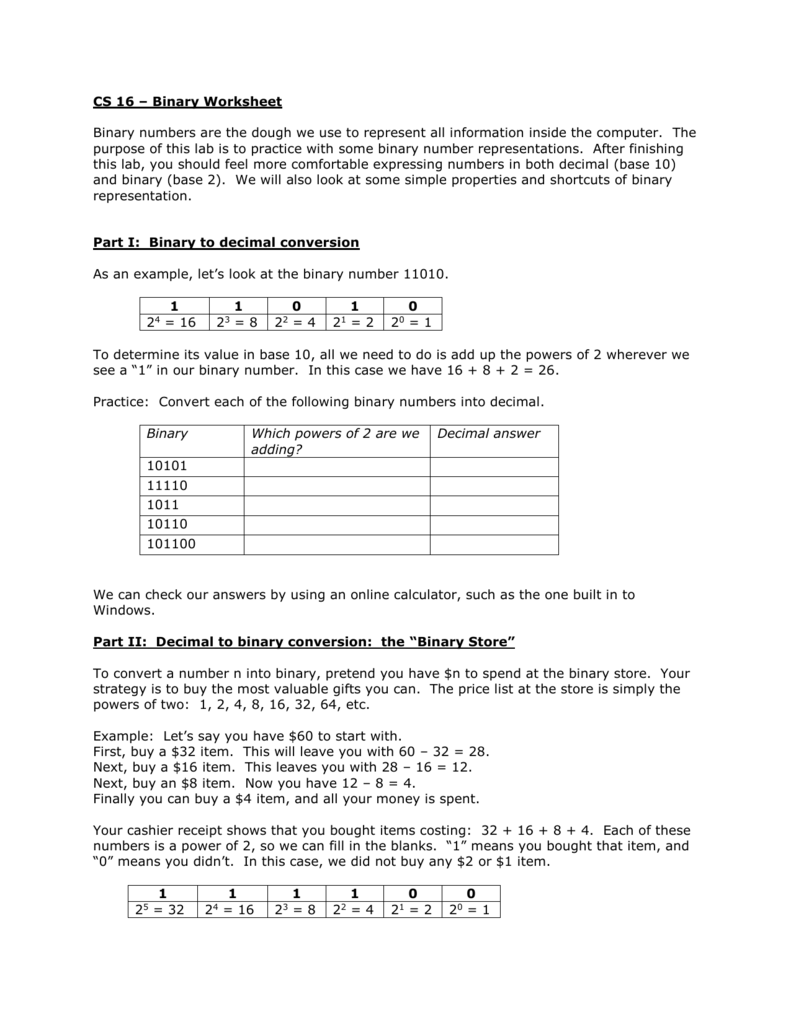 Binary Worksheet
