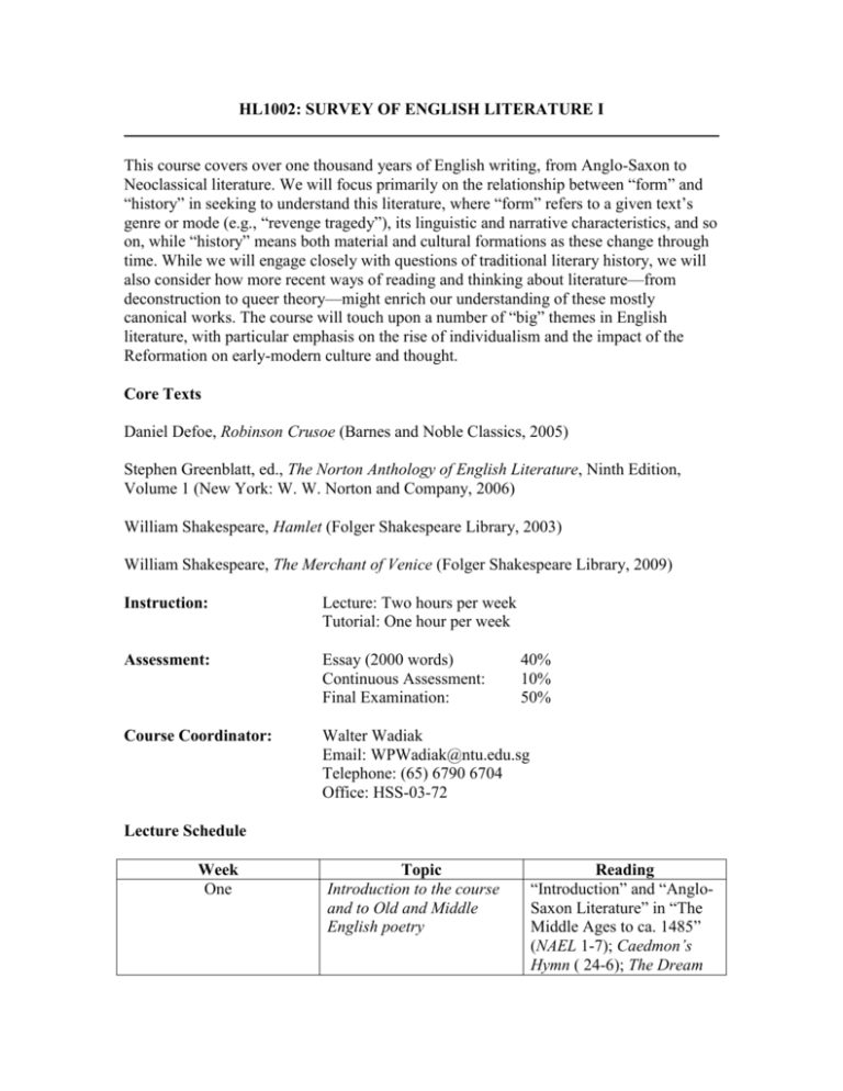 HL1002 Survey Of English Literature I