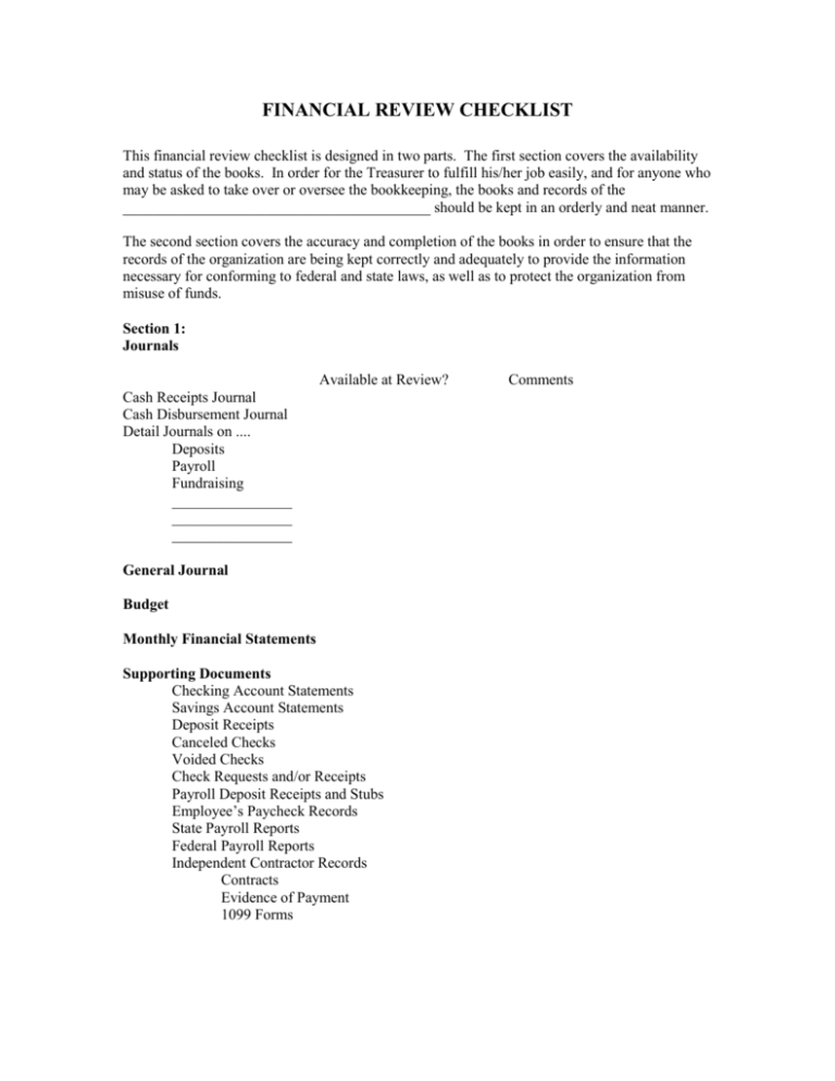 Financial Review Checklist For Internal Audits Financial Review Checklist For Internal Audits