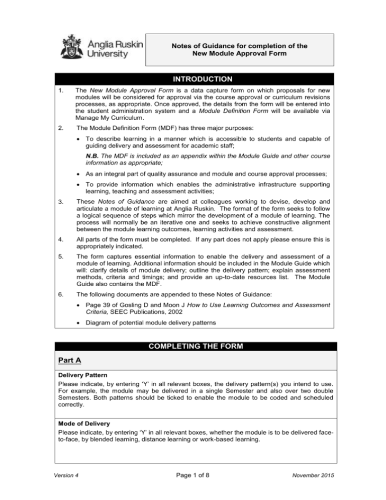 Notes of Guidance for completing the New Module Approval Form