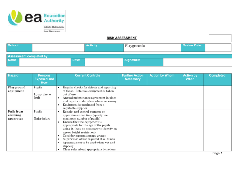 Playground Risk Assessment Form | Safety Checklist