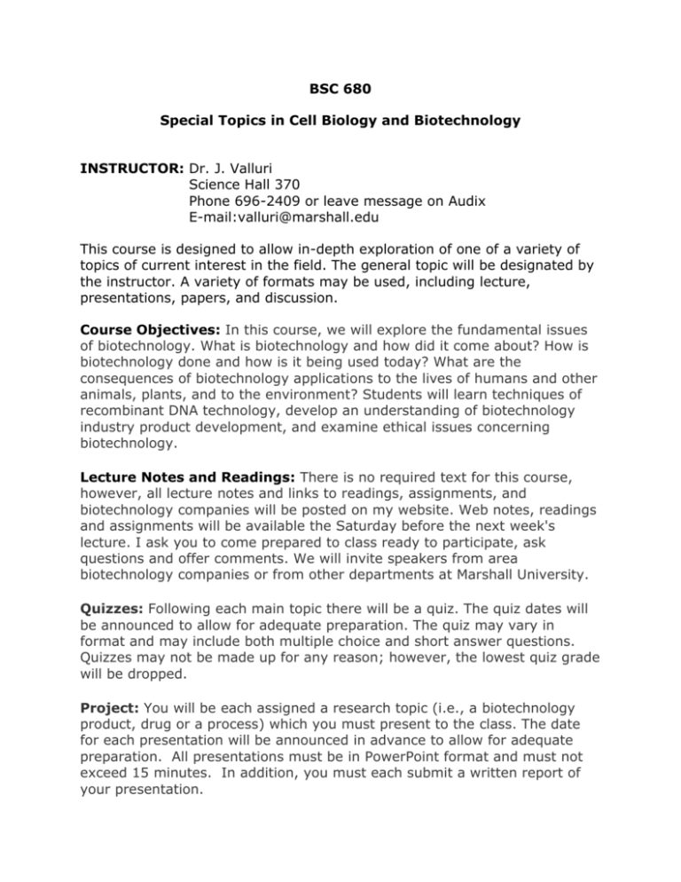 BSC 680 Special Topics In Cell Biology And Biotechnology