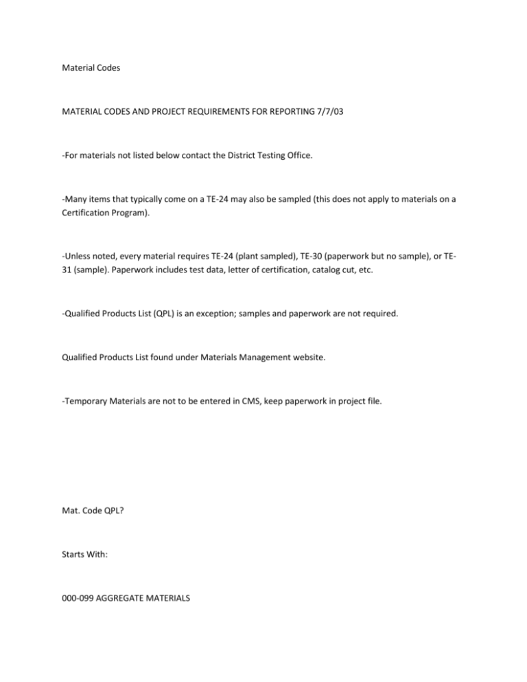 Material Codes
