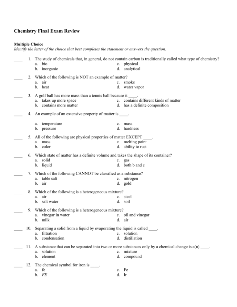 Chemistry Final Exam Review