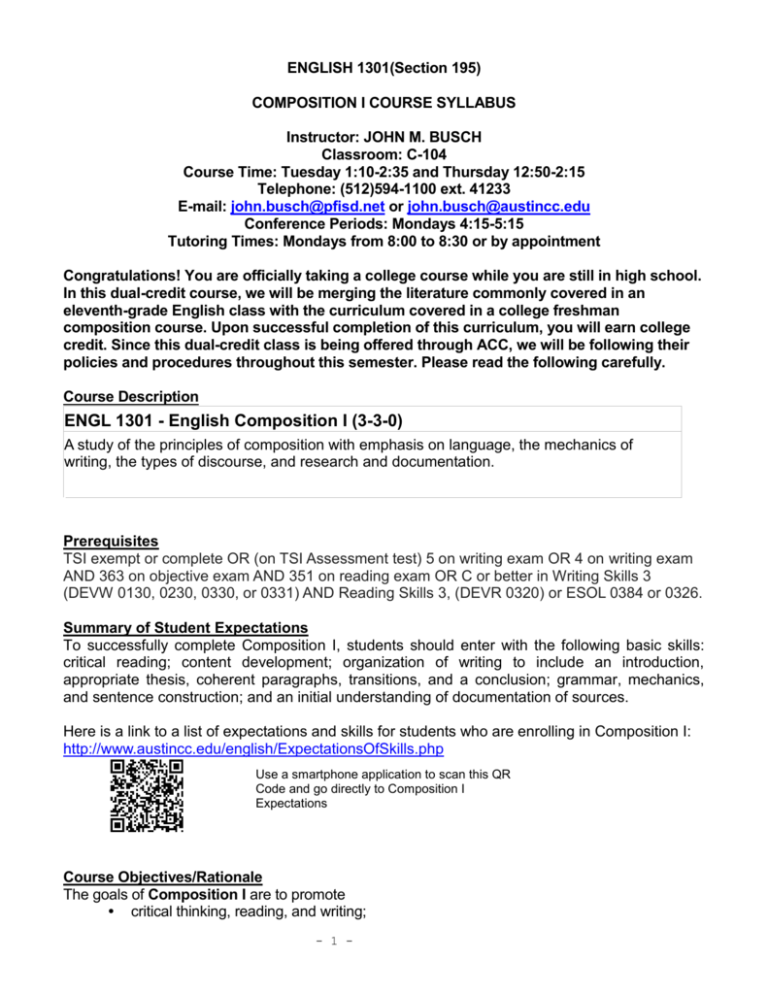 ENGLISH 1301(Section 195) COMPOSITION I COURSE SYLLABUS