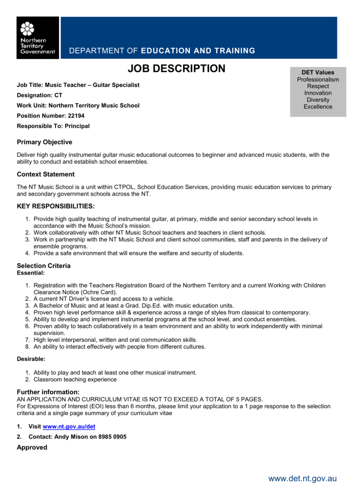 Job Description Template Teaching In The Territory