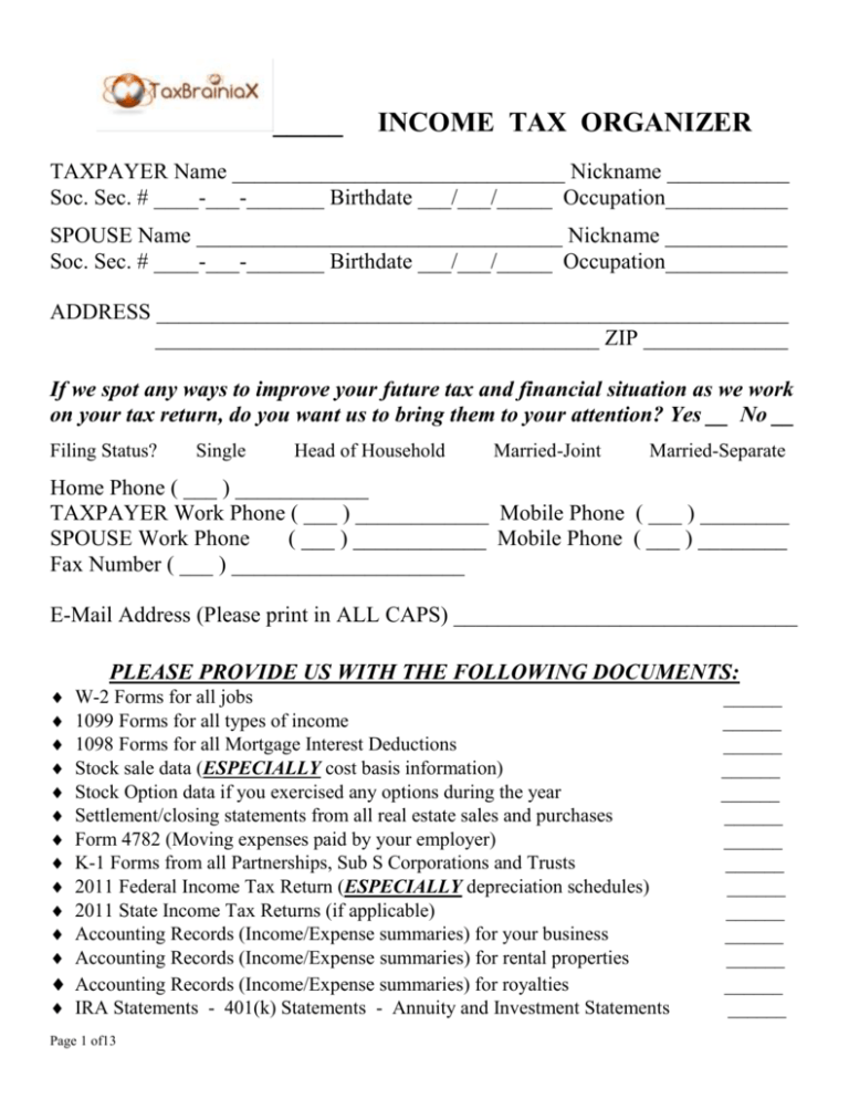 INCOME TAX ORGANIZER