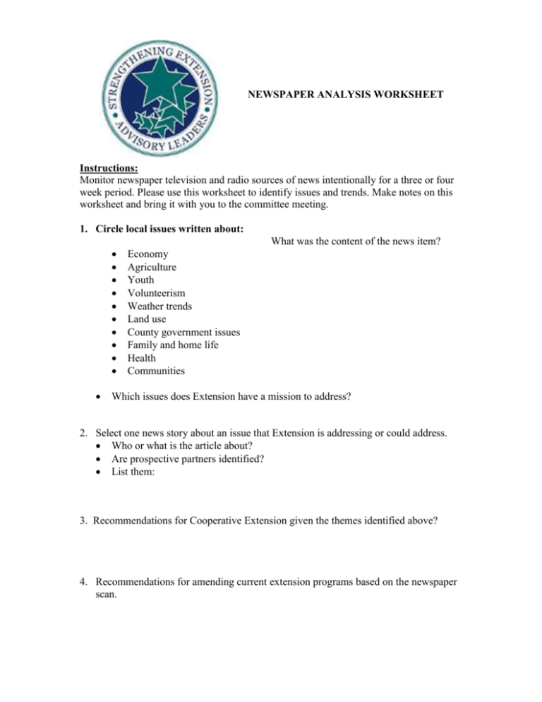 Newspaper Analysis Worksheet For Cooperative Extension