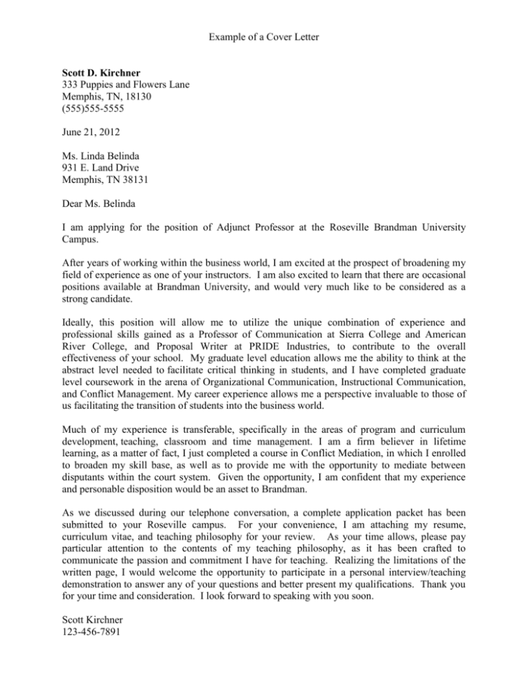 Example Of A Cover Letter