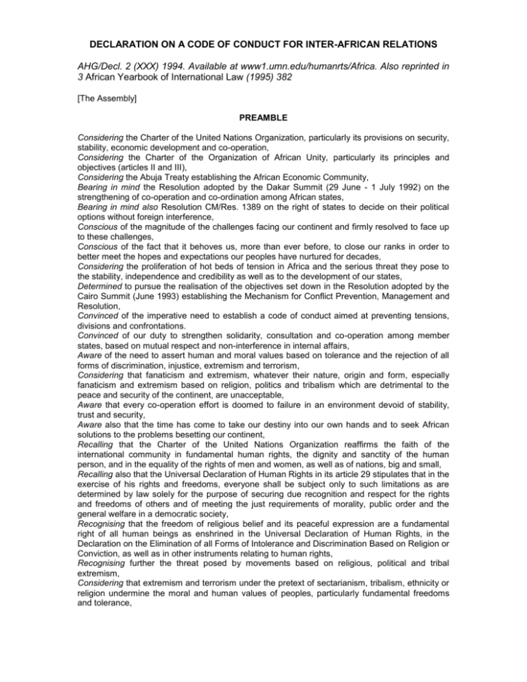 Declaration On A Code Of Conduct For Inter